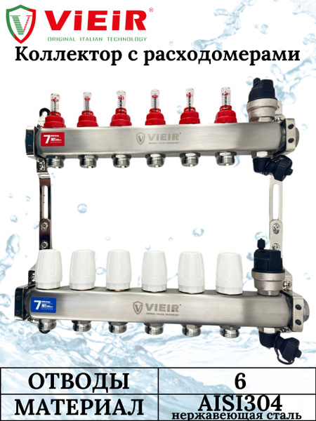 Характеристики Коллектор для теплого пола 6 контуров в сборе распределительный с расходометрами ...