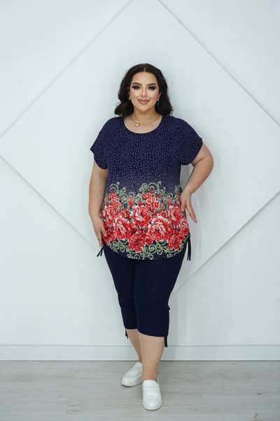 Комплект одежды Женский Assorti-moda Повседневный с бриджами темно-синий, красный, размер 62 ...