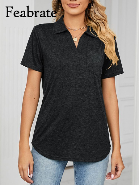 Поло Женский Feabrate черный Короткий, размер 46 Вискоза, Полиэстер Однотонный свободный ...