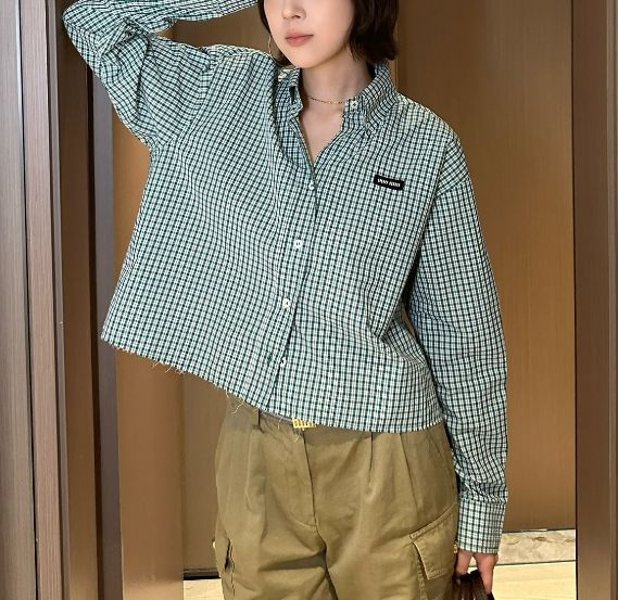 Рубашка Женский Miu Miu зеленый лишайник Длинный Хлопок Смесовая ткань Вышивка Логотип размер