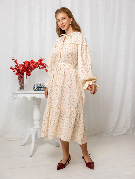 Платье Женский Cher-Neva молочный, абрикосовый прямое Повседневный Длинный Муслин, размер 42 ...