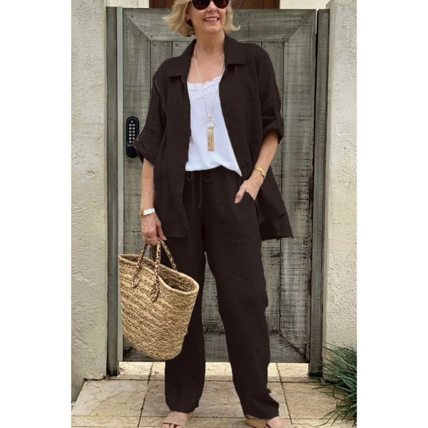 Комплект одежды Женский YIFU HOME Повседневный черный, размер 64 Лавсан, Лён Однотонный Китай ...