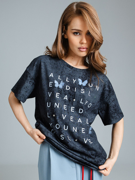 Футболка Женский SAHAR art lab черный, серый Короткий, размер 56, 58 Кулирная гладь Буквы и ...