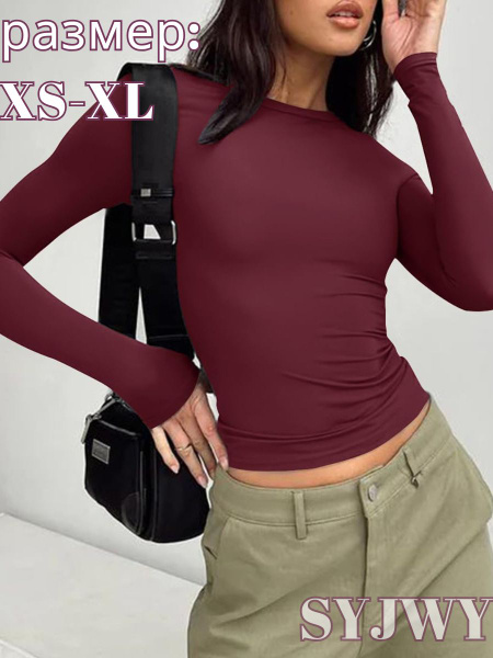 Лонгслив Женский SYJWY бордовый Длинный, размер 44 Полиэфирное волокно, Хлопок облегающий ...