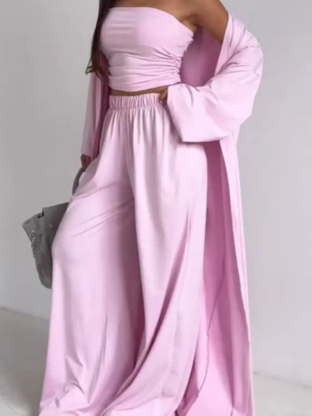 Комплект одежды Женский Pull&Bear Повседневный тройка, брючный розовый, размер 40 Политекс ...