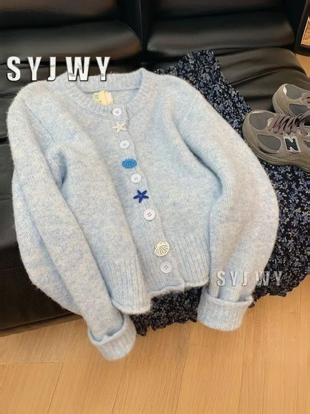 Свитер Женский SYJWY голубой Политекс, размер 44 Без застежки Воротник Длинный Полоска Китай ...