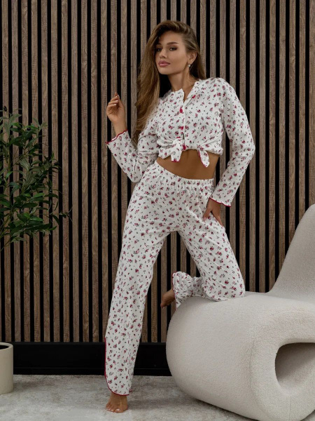 Пижама Женский NATIVIA с брюками Хлопок, размер 50 зеленый, белый Длинный Россия Без застежки ...