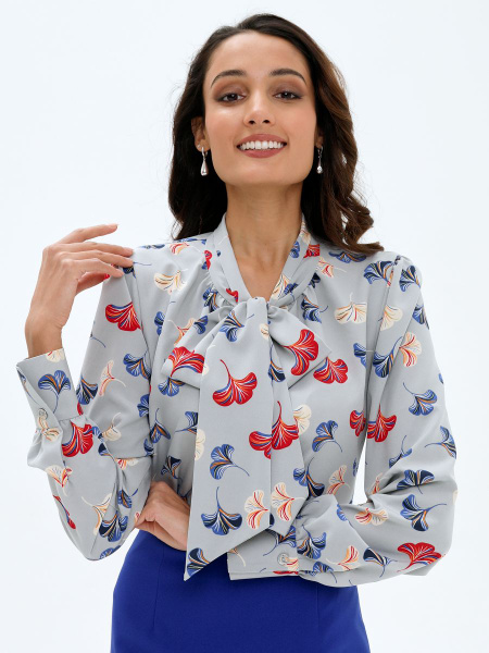Блузка Женский SAMOS светло-серый Текстиль Бант Длинный Цветочный, размер 42 свободный Завязки с ...
