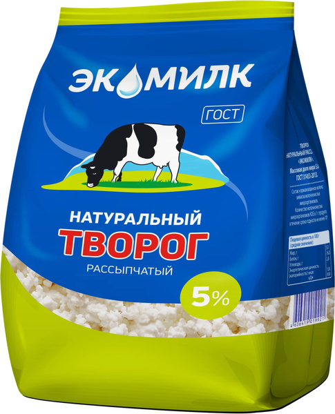 Творог натуральный рассыпчатый 350г. Массовая доля жира 5,0%, «Экомилк ...