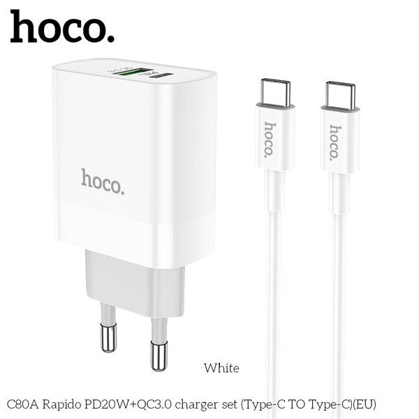 Сетевое зарядное устройство hoco C80A, 20 Вт, USB 3.0 Type-A, USB Type ...