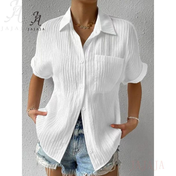 Рубашка Женский белый Короткий Полиэфирное волокно Карманы, размер 54 ...