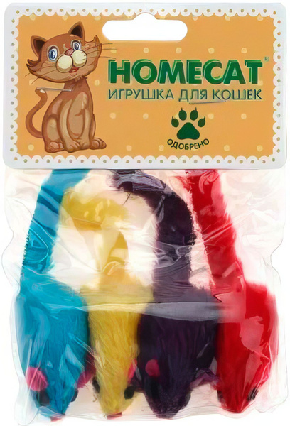 Homecat Игрушка Мышки для кошек, плюшевые цветные гремящие, 4 шт, 5 см ...