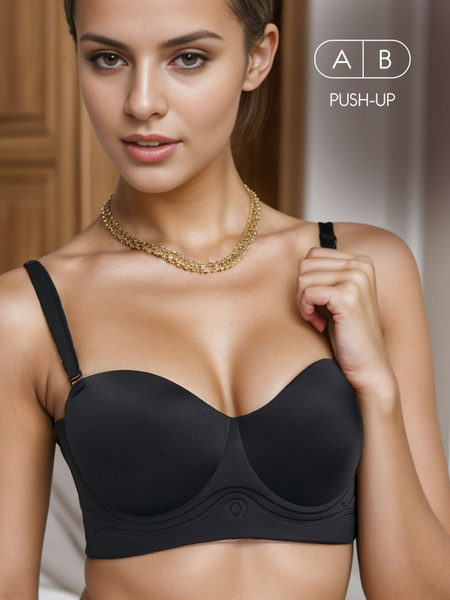 Бюстгальтер Женский без косточек, размер 80A, 80B черный Нейлон, Спандекс Крючки Декольте ...