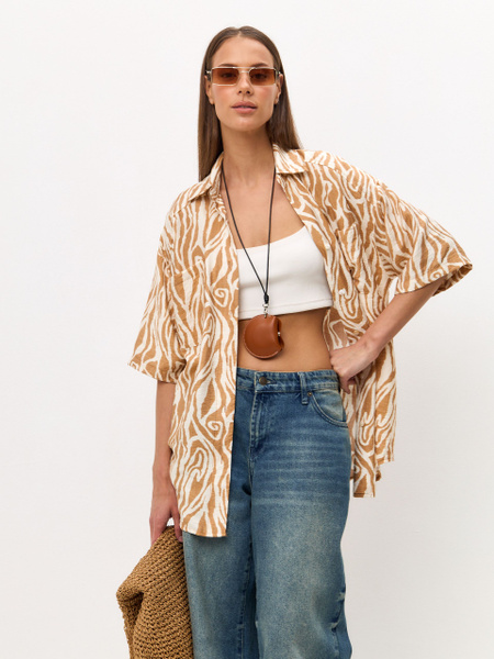 Блузка Женский ILADY бежевый Хлопок Короткий Анималистический, размер 44, 46 свободный Пуговицы ...