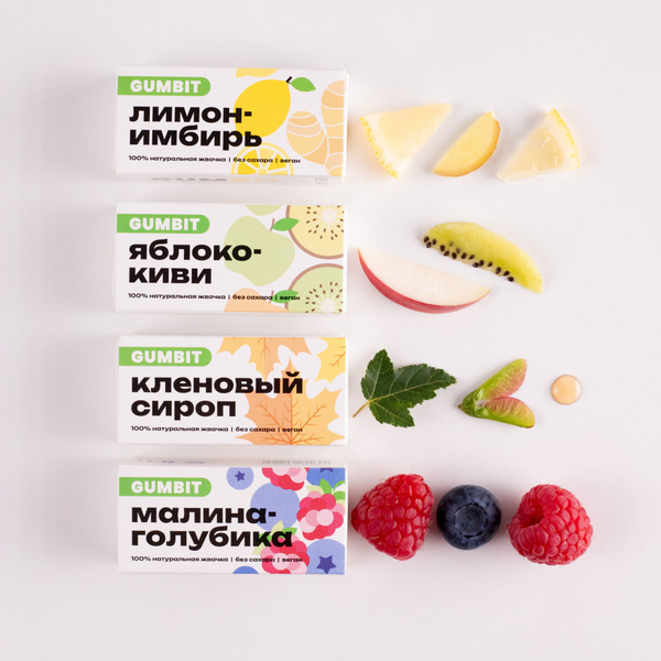 Натуральная жевательная резинка, ассорти 4 новых вкуса, GUMBIT ...