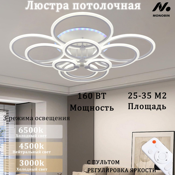 Люстра потолочная светодиодная с пультом управления, 160W, Подходит для ...