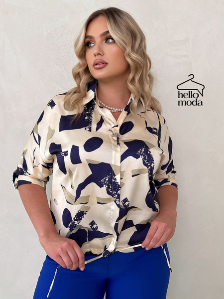 Блузка Женский HELLO MODA! ванильный, синий Полиэстер Три четверти Анималистический, размер 56 ...