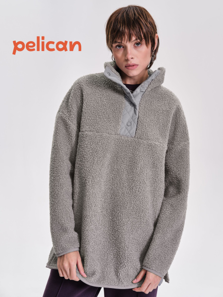 Толстовка Женский Pelican Кнопки, Разрезы серый Кнопки Флис, Полиэстер, размер 44 оверсайз ...