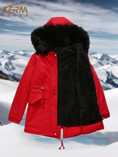 Парка Женский KERNA Карманы красный Полиэфирное волокно, размер 56 Длинный Зима облегающий ...