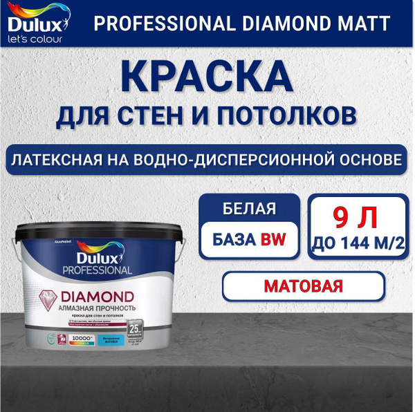 Интерьерная краска Dulux Diamond Matt для стен и потолков база BW белая ...
