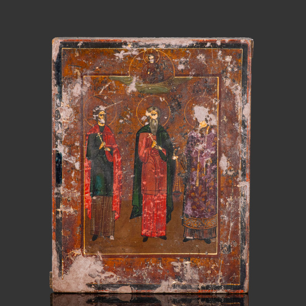 Икона Святые мученики Гурий, Самон и Авив, дерево, темпера, Российская империя, 1850-1900 гг ...