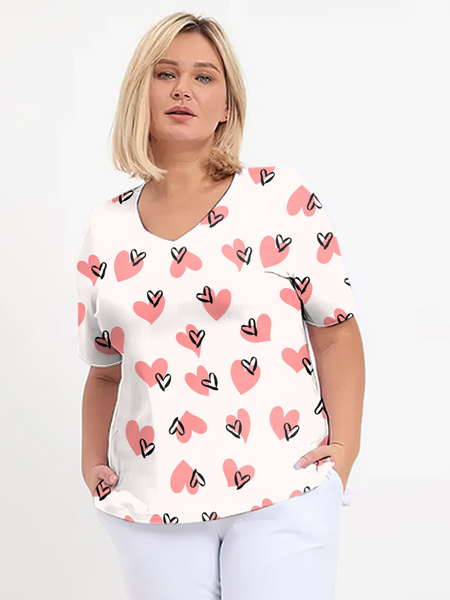 Футболка Женский белый, розовый меланж Короткий, размер 52 Политекс Сердца облегающий ...