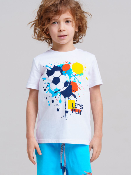 Футболка Мальчики PlayToday белый, голубой Короткий, размер 104 Трикотаж Надписи Повседневный ...
