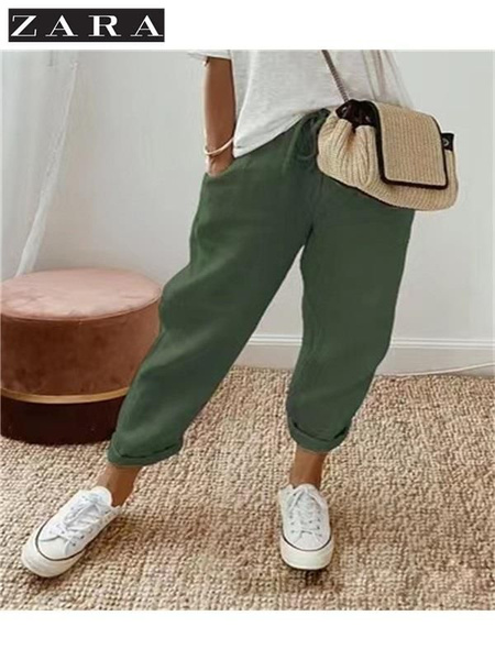 Брюки Женский Zara классические, широкие зеленый Хлопок Повседневный, размер 48 Эластичная ...
