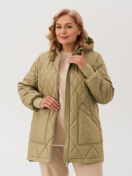 Куртка Женский Elfina Молния, Капюшон оливковый трансформер Полиэстер, размер 44 Длинный ...