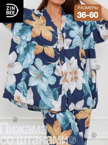 Пижама Женский ZinBee Вискоза, размер 54, 56 Разноцветный, Цветочный суровый темно-синий Три ...