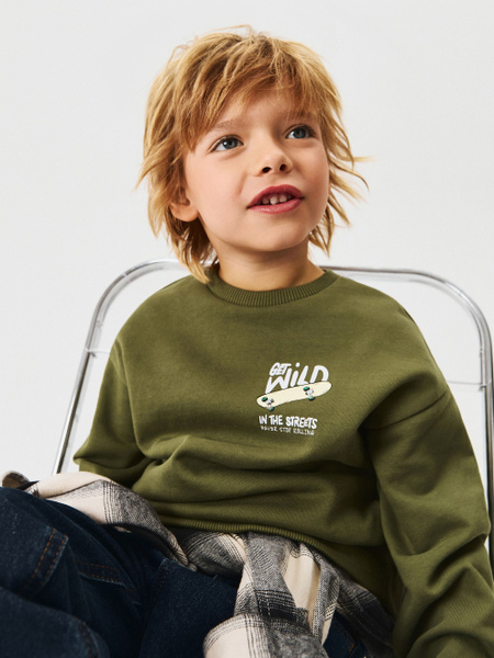 Свитшот Мальчики Acoola хаки Без застежки Трикотаж, Хлопок, размер 104 свободный Длинный Надписи ...