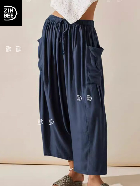 Брюки Женский ZinBee пастельный темно-синий Политекс, Хлопок Повседневный, размер 52 На любой ...