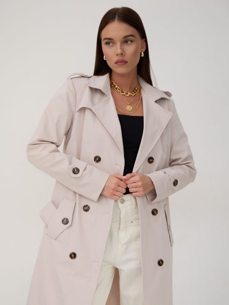 Плащ Женский SLN жемчужный Средний Пояс/ремень, Воротник, размер 42, 44 Хлопок, Вискоза Россия ...