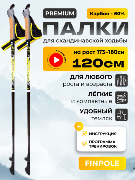 Палки для скандинавской ходьбы Finpole Br, цельные 120 см на рост 173 ...