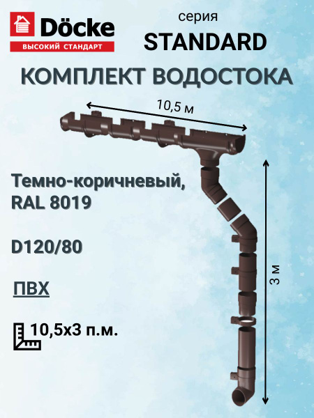 Водосток для крыши дома Docke Standard 120/80, длина ската 10,5 метров, высота 3 метра, цвет ...