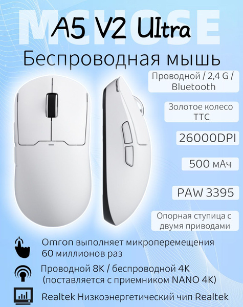 Игровая мышь беспроводная MCHOSE беспроводная A5 V2 UItra , белый,MC-A5 купить c доставкой на ...
