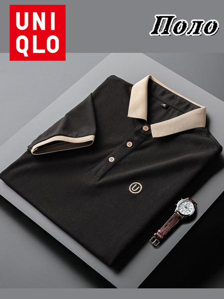 Поло Мужской Uniqlo черный Короткий, размер 54 Хлопок Однотонный оверсайз Повседневный Китай ...