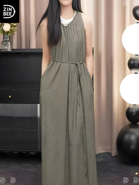 Платье Женский ZinBee зеленый Повседневный Без рукавов Политекс, размер 46 Шнуровка Однотонный ...