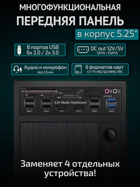 Многофункциональная фронтальная панель в 5.25" Media Dashboard с кардридером и USB-хабом купить ...