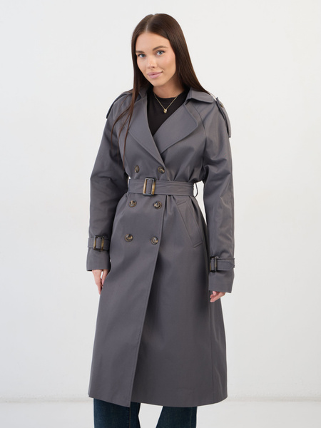 Плащ Женский SLN темно-серый, серый графит Средний Пояс/ремень, Воротник, размер 44, 46 Хлопок ...