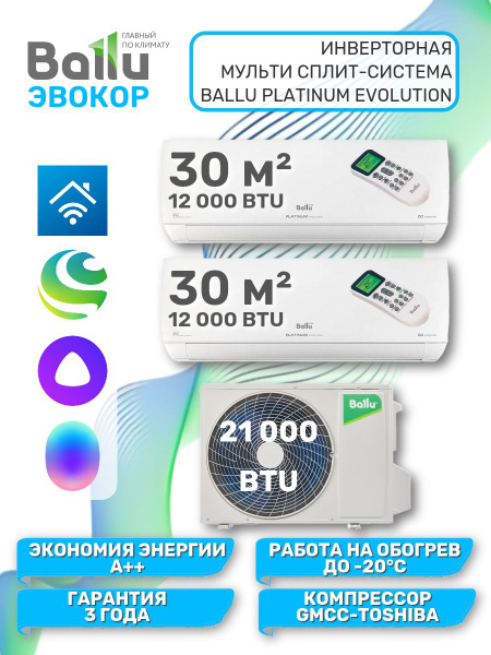 Инверторная мульти сплит-система на 2 комнаты Ballu Platinum Evolution BSUI-FM/in-12+12 HN8/EU ...