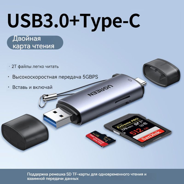 Характеристики UGREEN. Кардридер USB-C + USB-A 3.0 для карт памяти TF ...