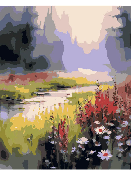 Картина по номерам цветы ручей лес пейзаж на холсте с деревянным ...