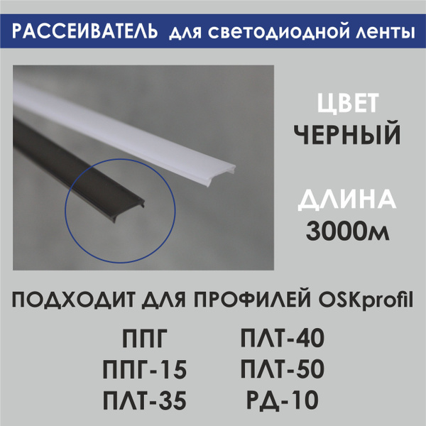Профиль для светодиодной ленты Рассеиватель, арт. Рассеиватель черный ...