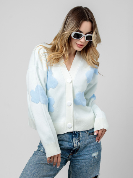 Кардиган Женский World of Estiya белый Пряжа, размер 42, 44 Пуговицы ...