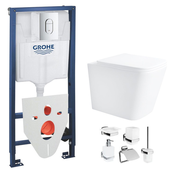 Инсталляция с подвесным унитазом Helmken 35490301 комплект 8 в 1: унитаз подвесной безободковый ...