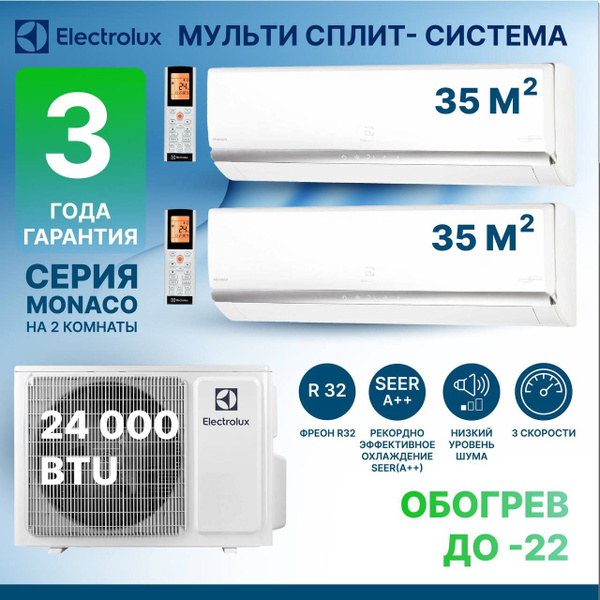 Инверторная мульти сплит-система Electrolux на 2 комнаты (35м2 + 35м2 ...