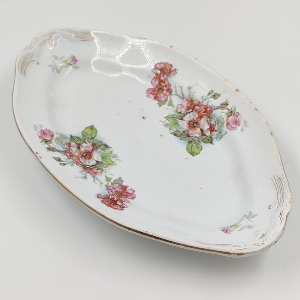 Блюдо винтажное с цветочным орнаментом, фаянс, деколь, золочение, Российская империя, 1890-1917 ...