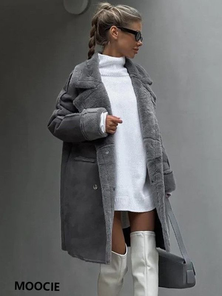 Пальто Женский MOOCIE Воротник темно-серый V-образный Замша Длинный, размер 46 Зима Пряжка ...