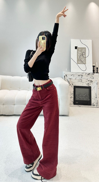 Джинсы Женский Miu Miu красновато бордовый Деним размер 46 Молния Пуговицы Вышивка Китай На